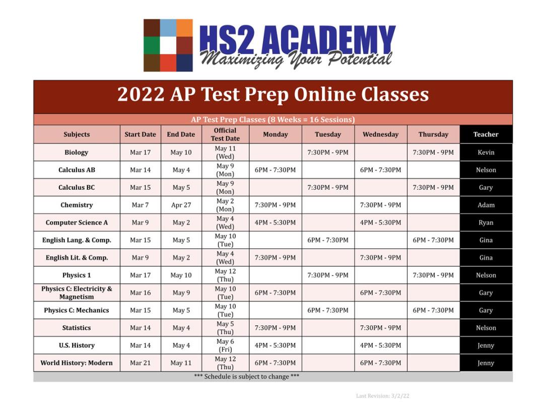 2022 AP Tests Prep HS2 Academy Online Classes-HS2 Academy